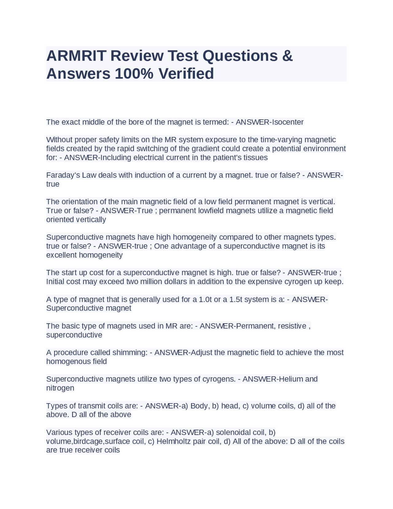 ARMRIT Review Test Questions & Answers 100% Verified | Exams Magnetic ...