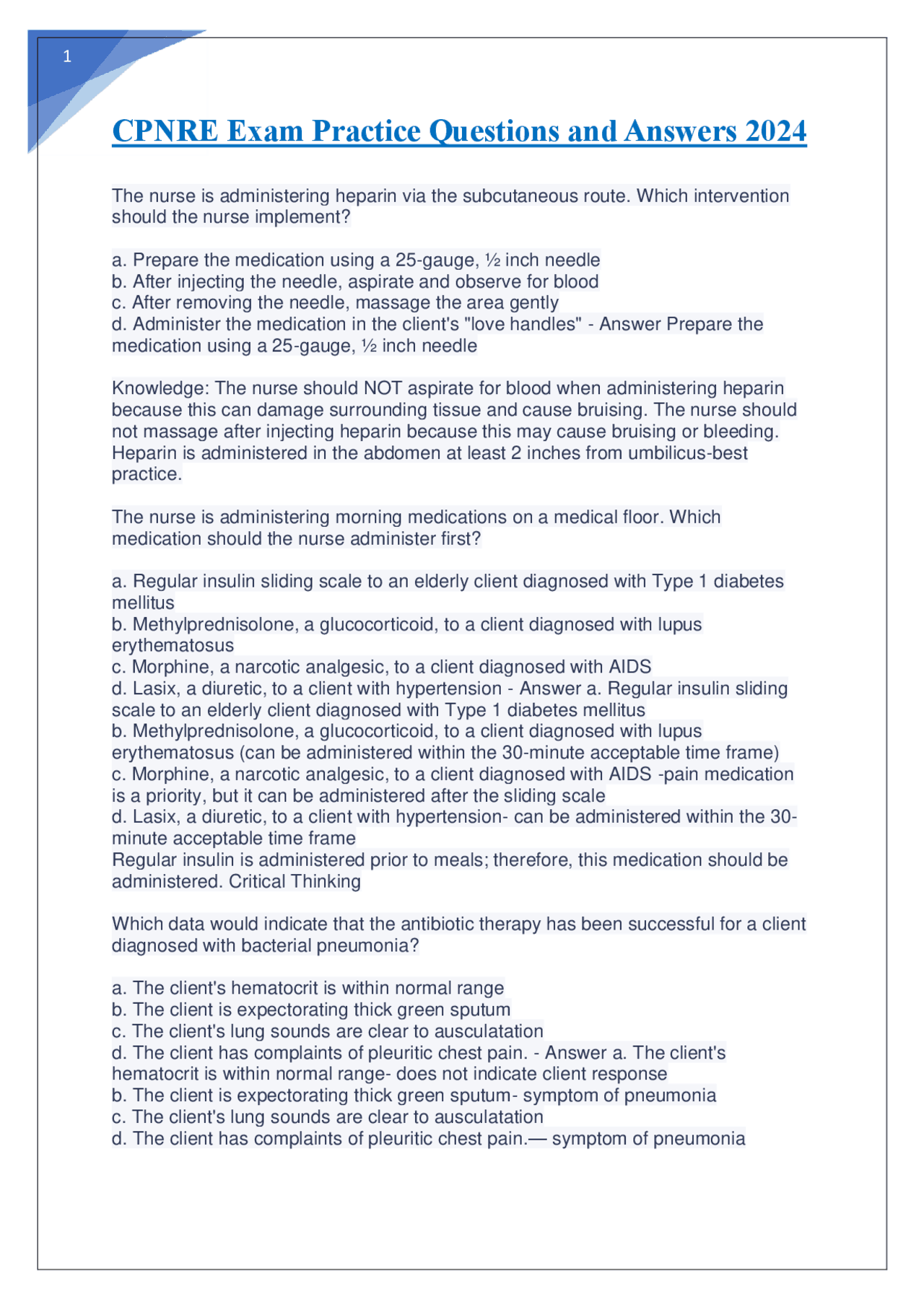 CPNRE Exam Practice Questions and Answers 2024 | Exams Nursing | Docsity