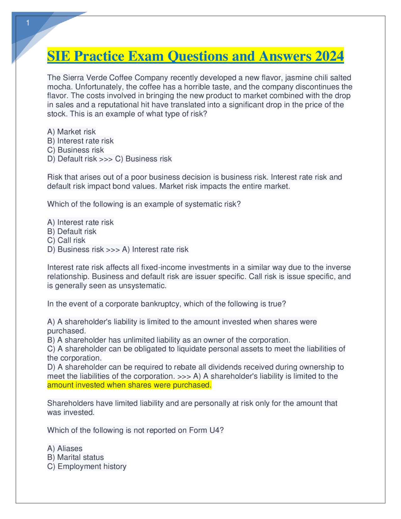 SIE Practice Exam Questions and Answers 2024 | Exams Business Economics ...