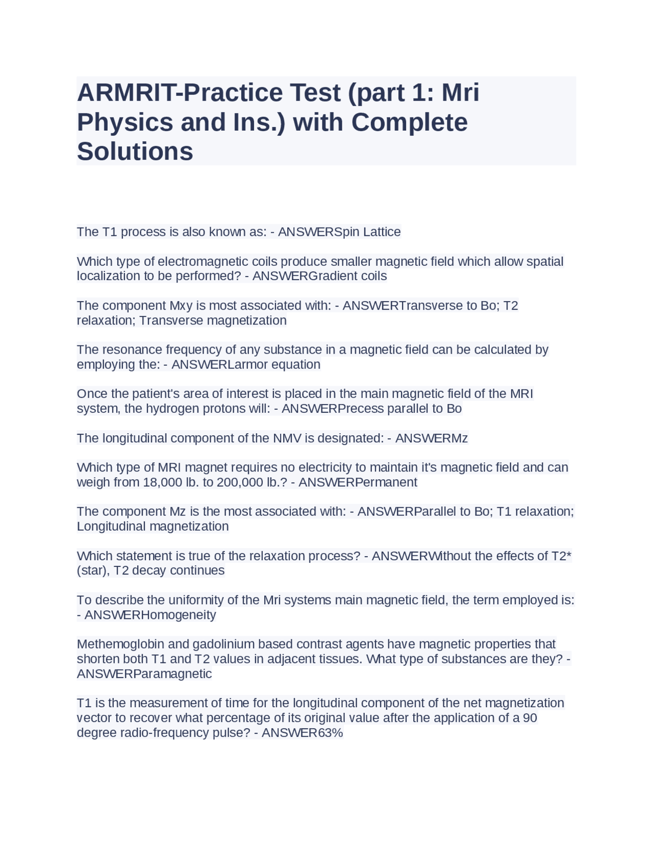 ARMRIT-Practice Test (part 1: Mri Physics and Ins.) with Complete ...