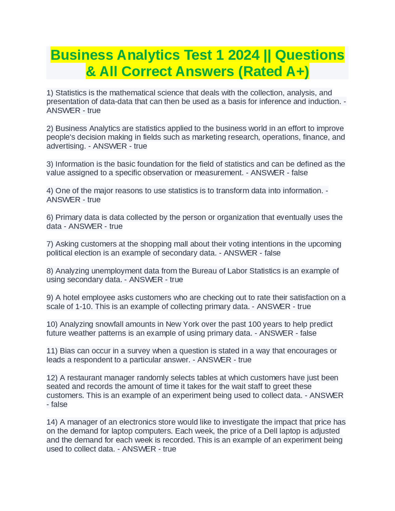 Business Analytics Test 1 2024 || Questions & All Correct Answers ...