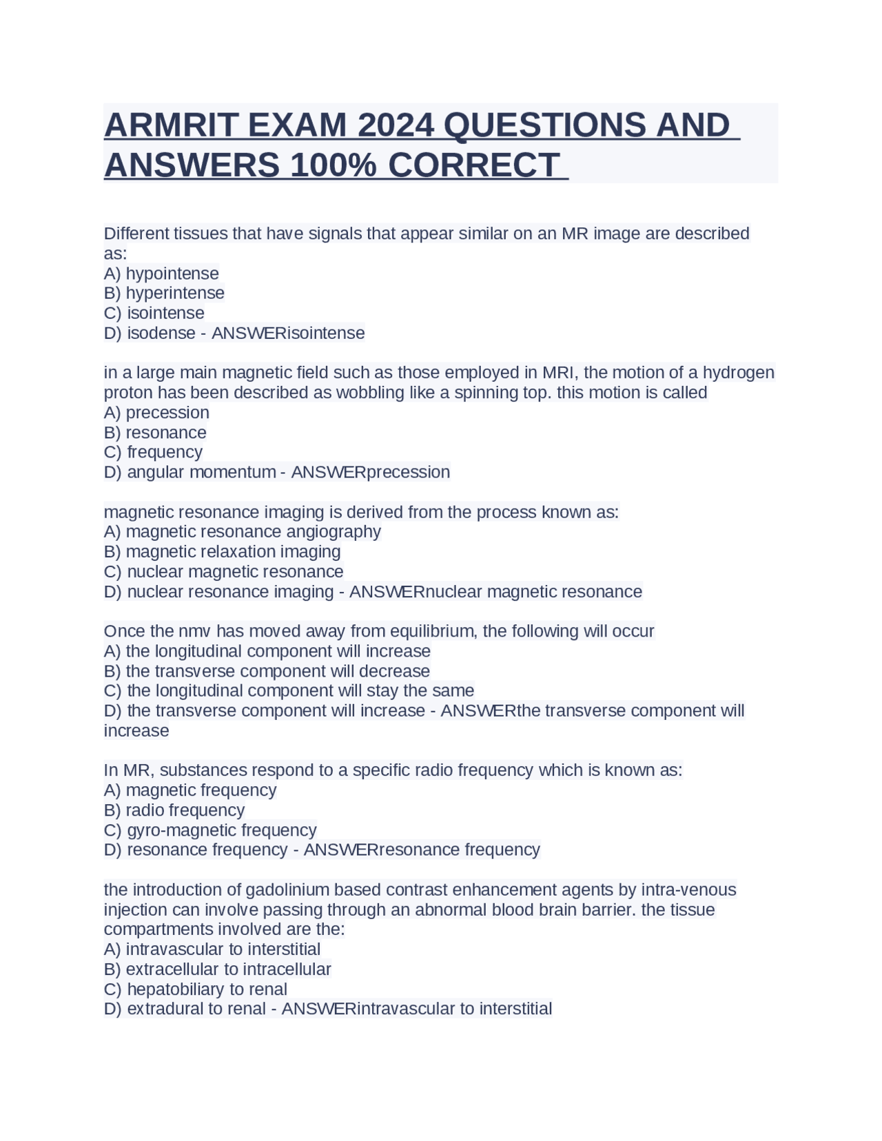 ARMRIT EXAM 2024 QUESTIONS AND ANSWERS 100% CORRECT | Exams Medical ...