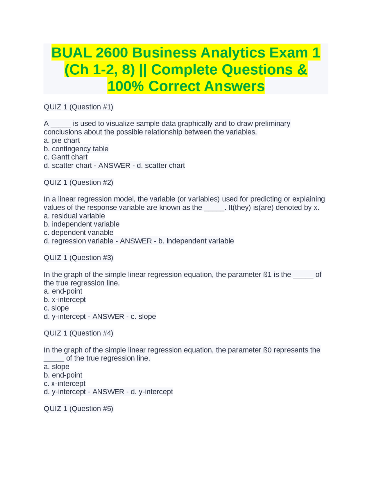 BUAL 2600 Business Analytics Exam 1 (Ch 1-2, 8) || Complete Questions ...