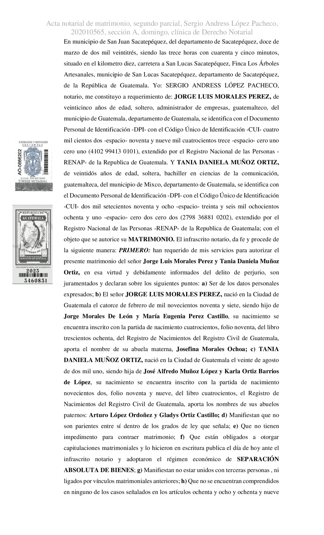 ACTA NOTARIAL DE MATRIMONIO | Apuntes de Derecho Privado | Docsity