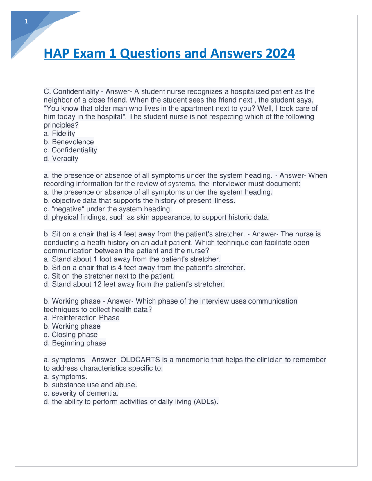 HAP Exam 1 Questions and Answers 2024 | Exams Nursing | Docsity