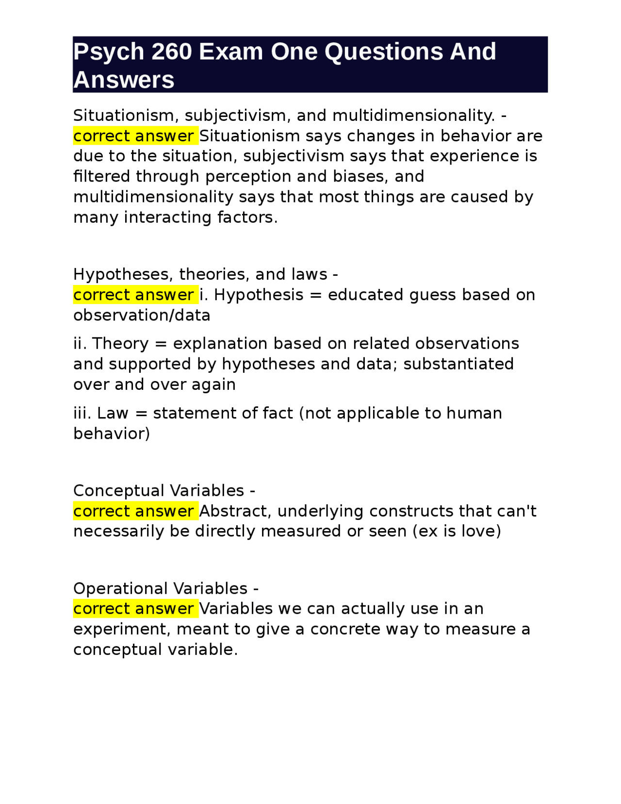 Psychology Exam One: Key Concepts and Theories | Exams Psychology | Docsity