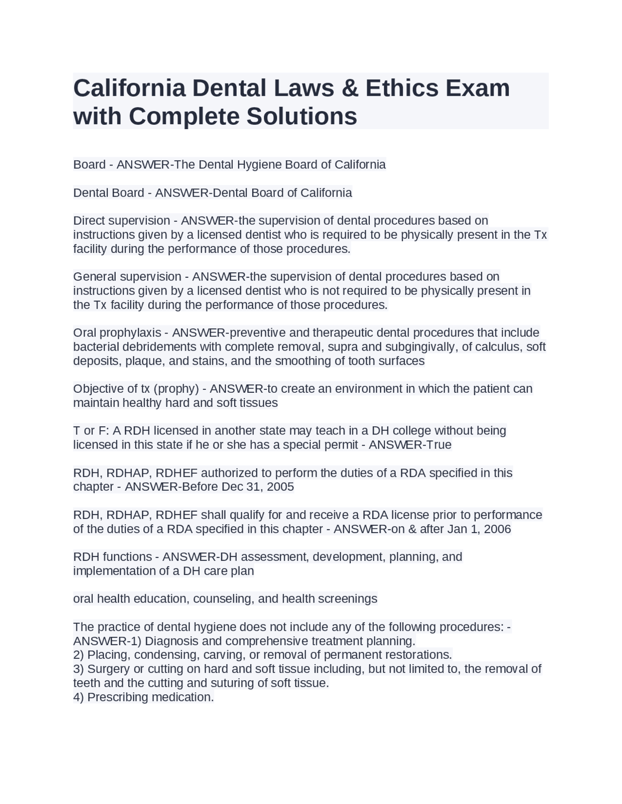 California Dental Laws & Ethics Exam with Complete Solutions | Exams Dentistry | Docsity