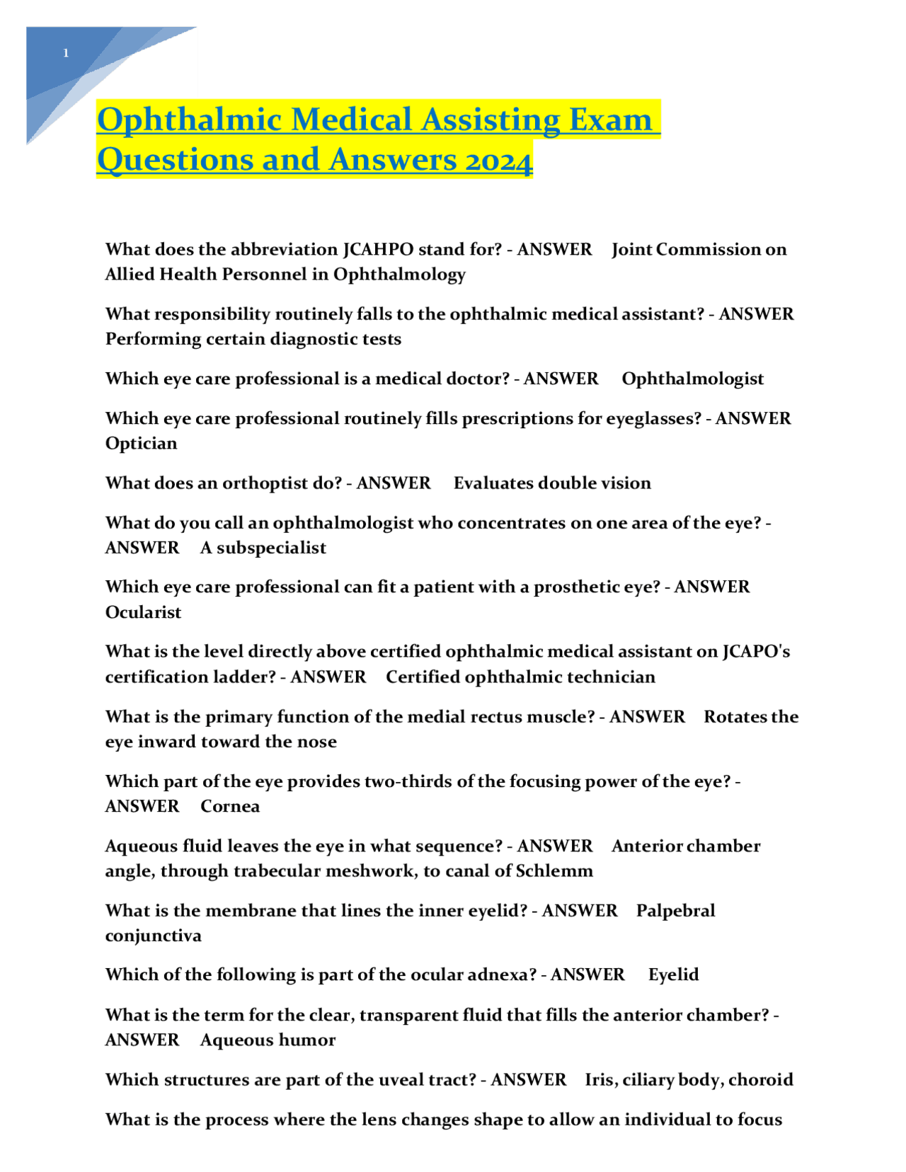 Ophthalmic Medical Assisting Exam Questions and Answers 2024 | Exams ...