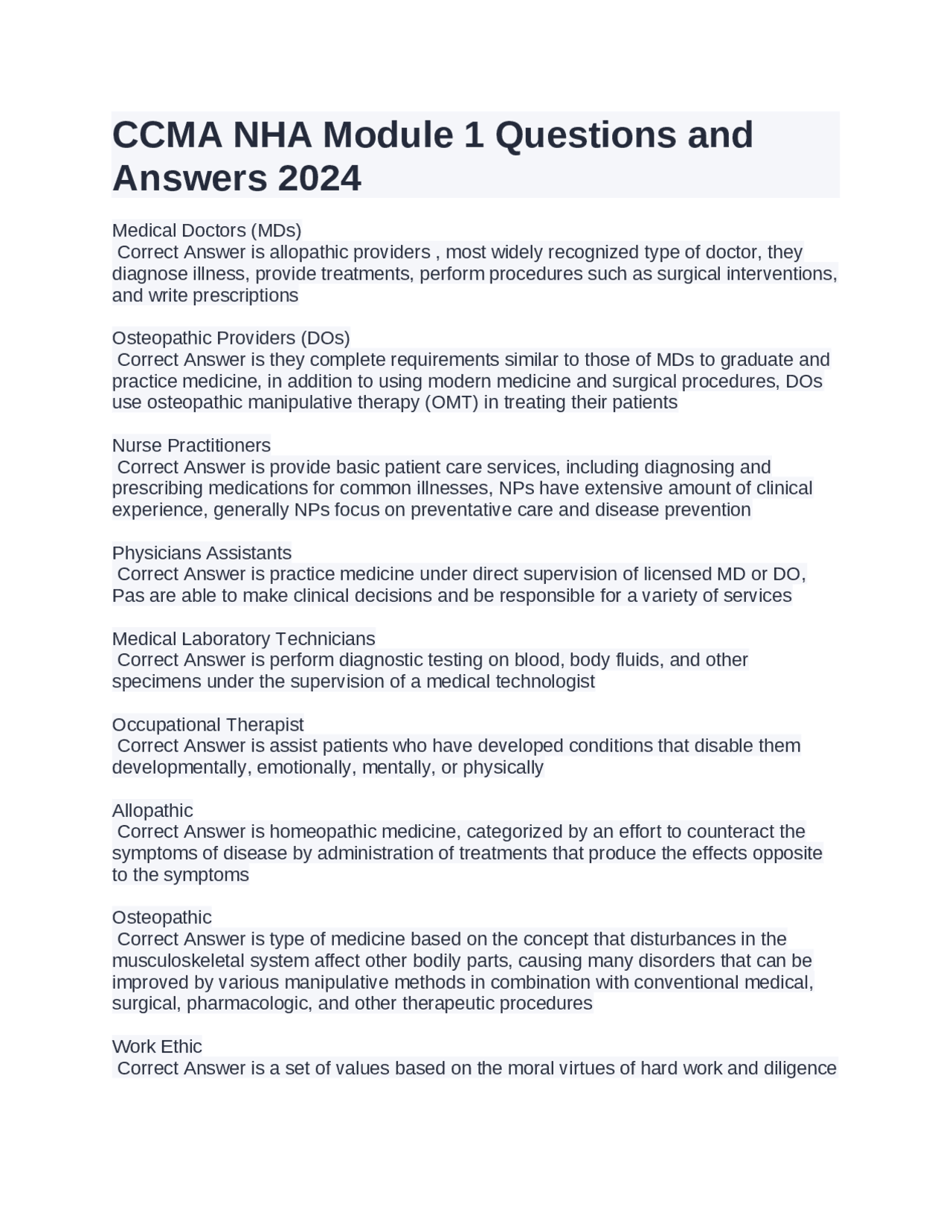 CCMA NHA Module 1 Questions and Answers 2024 | Exams Medicine | Docsity