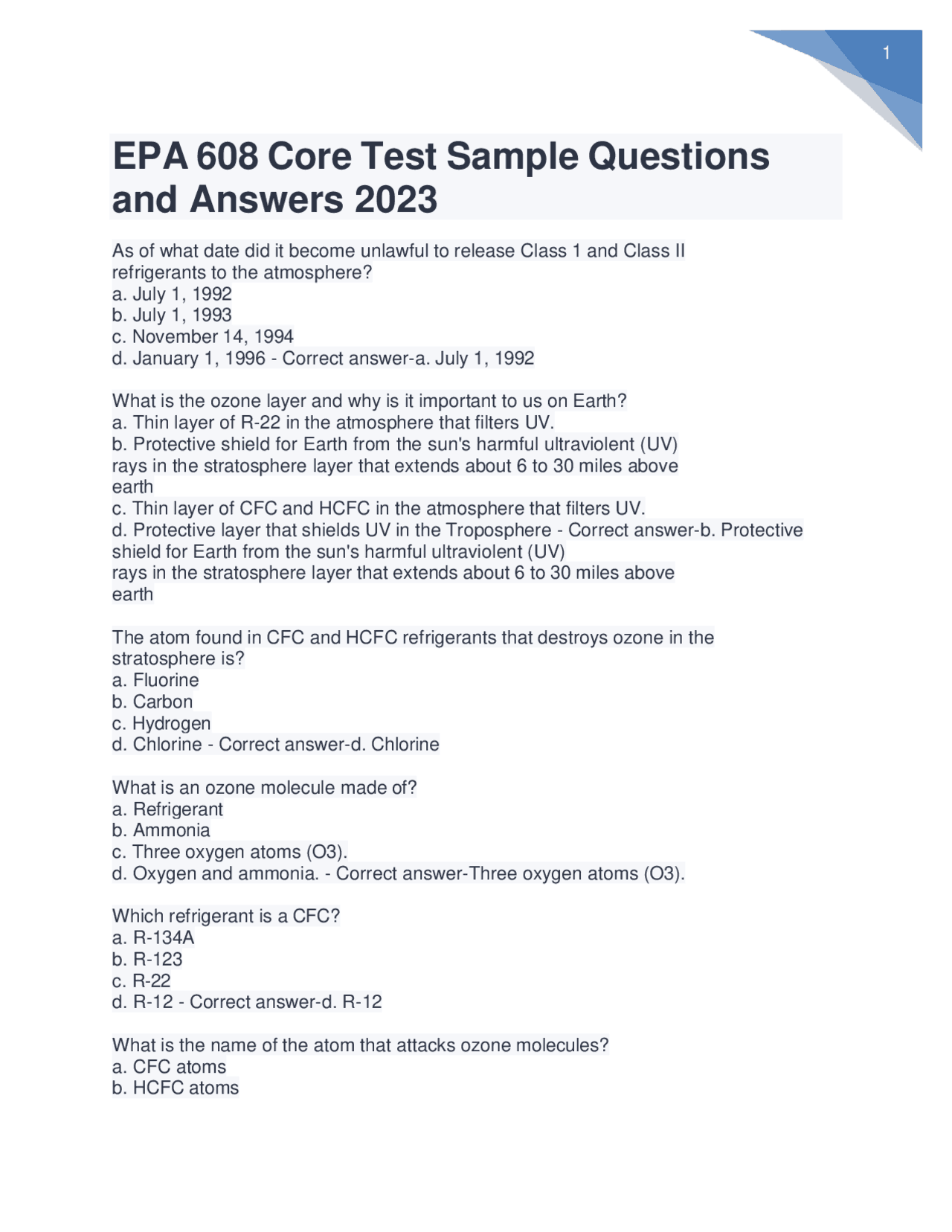 EPA 608 Core Test Sample Questions and Answers 2023-2024 Graded A+ ...