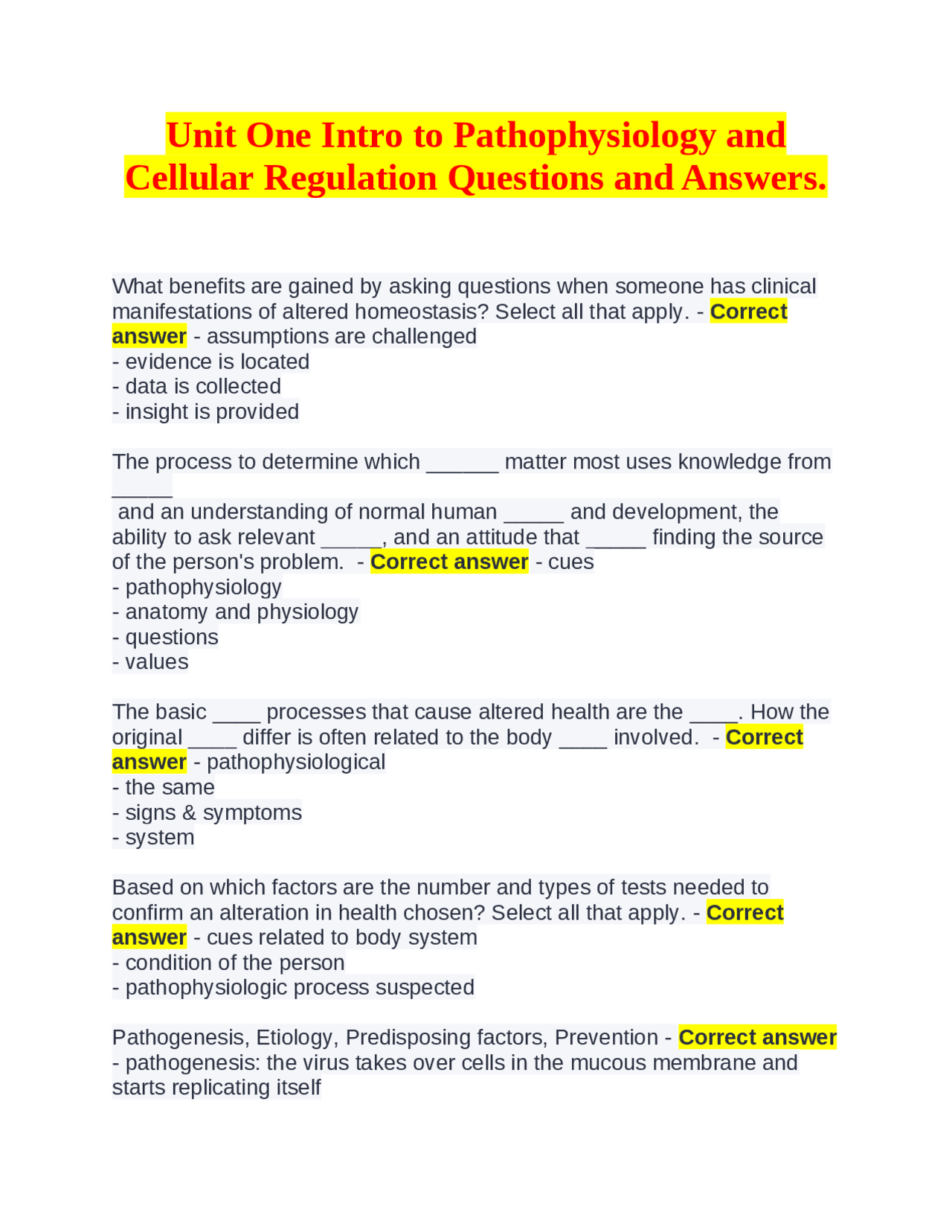 Unit One Intro to Pathophysiology and Cellular Regulation Questions and ...