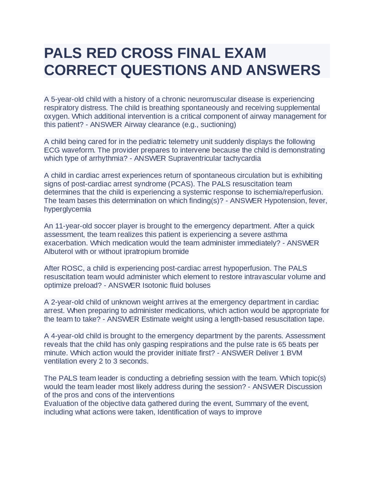 PALS Exam Questions and Answers: Pediatric Emergencies | Exams Health ...