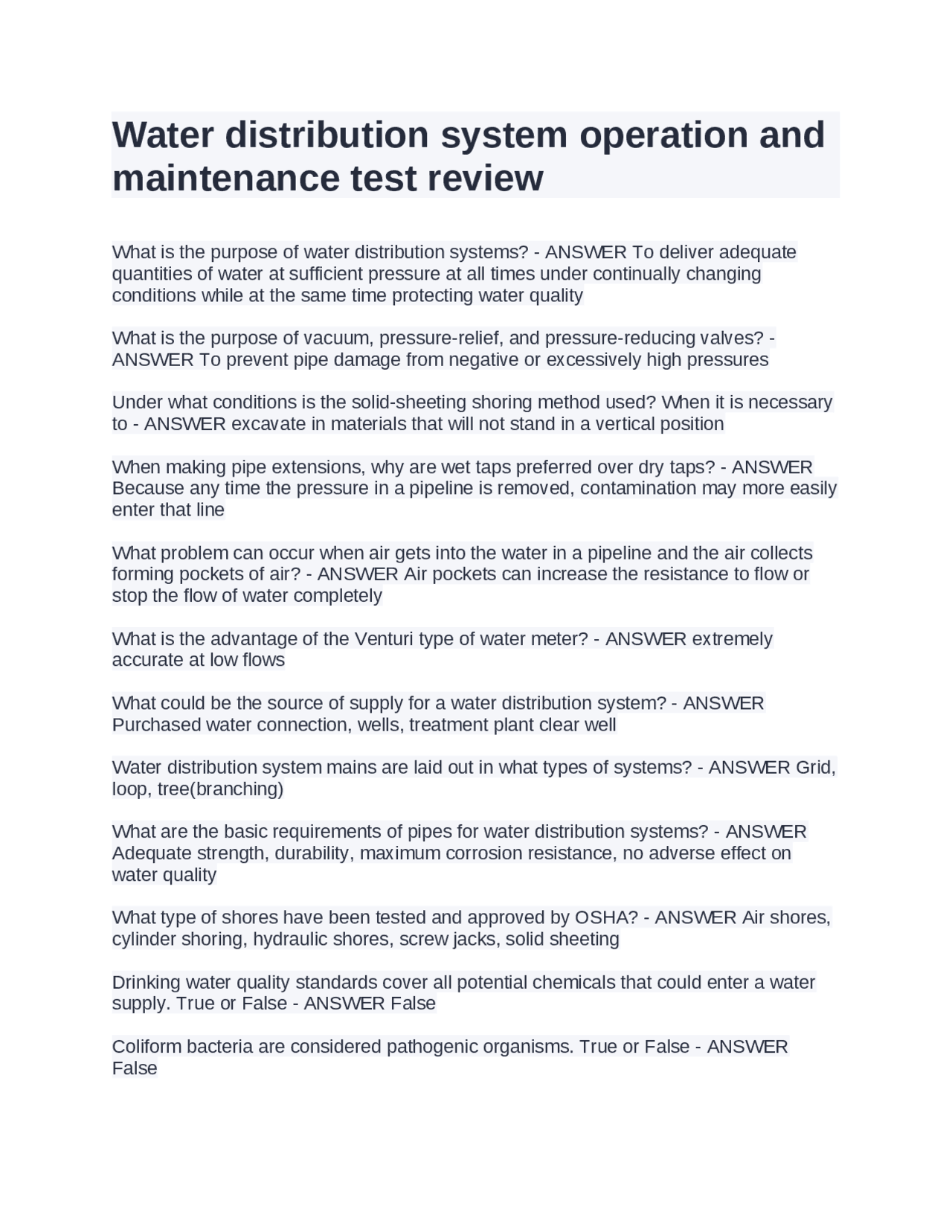 Water distribution system operation and maintenance test review | Exams ... Water distribution system operation and maintenance test review | Exams ...