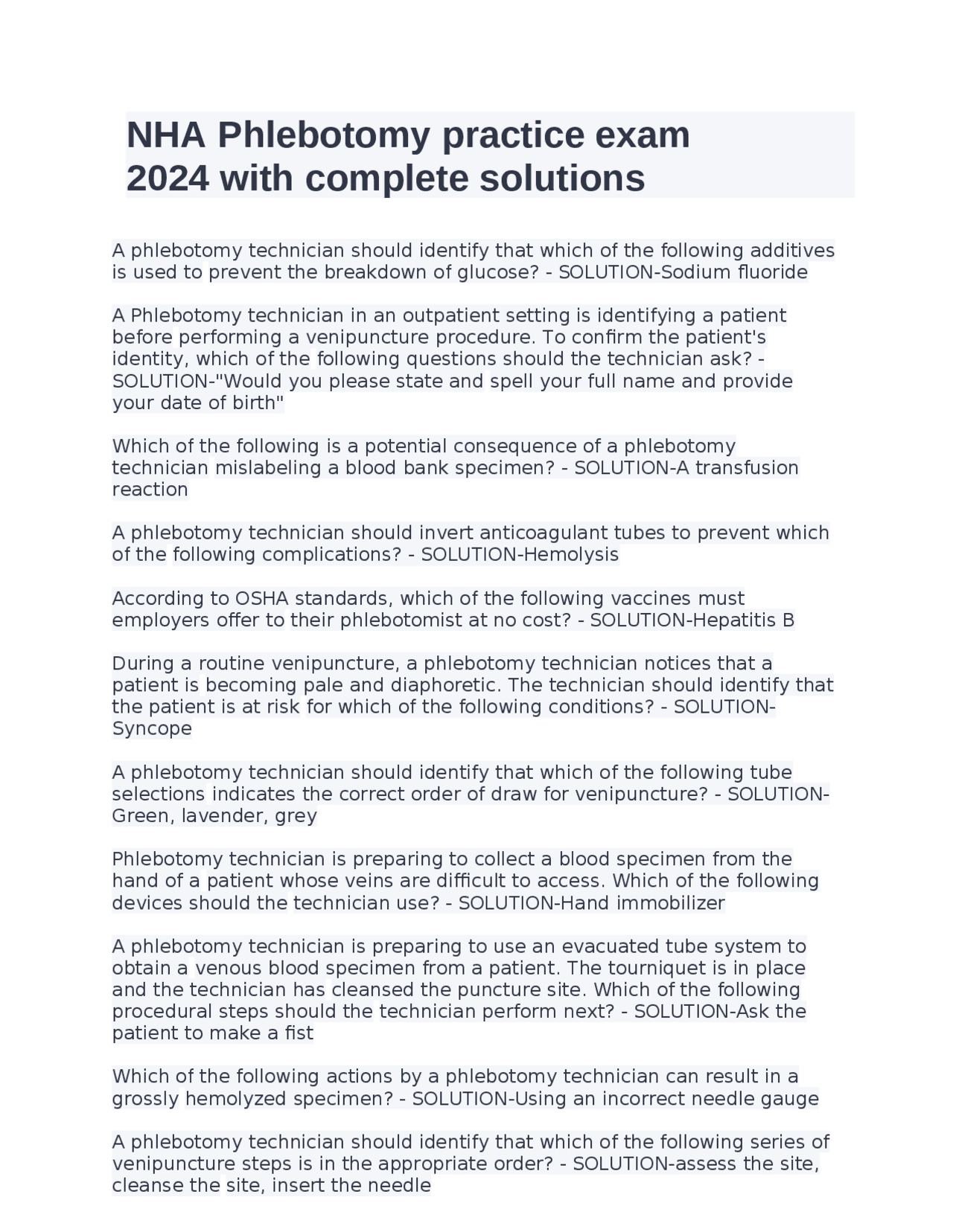 Phlebotomy Technician Practice Exam: Identifying Procedures and Safety ...