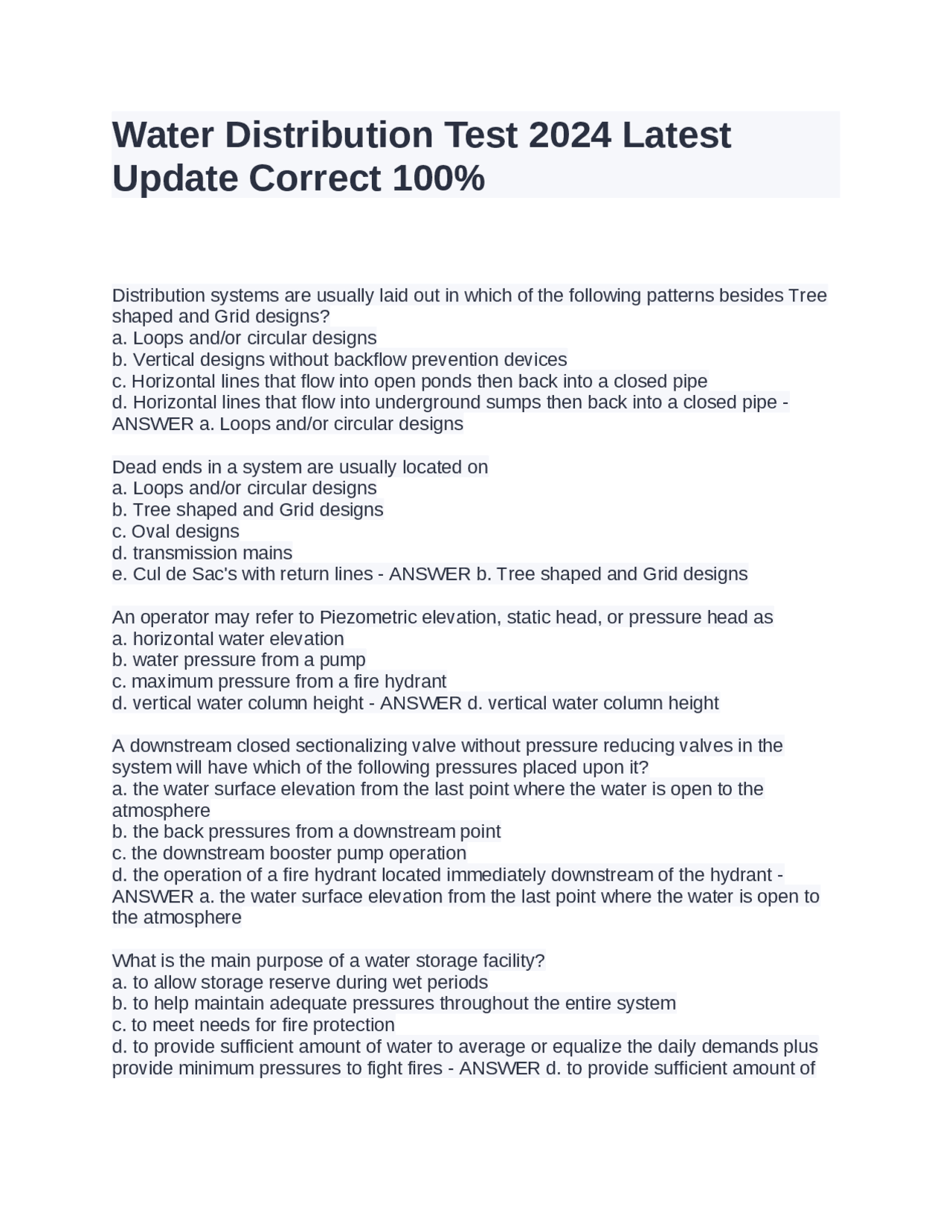 Water Distribution Test 2024 Latest Update Correct 100% | Exams ...