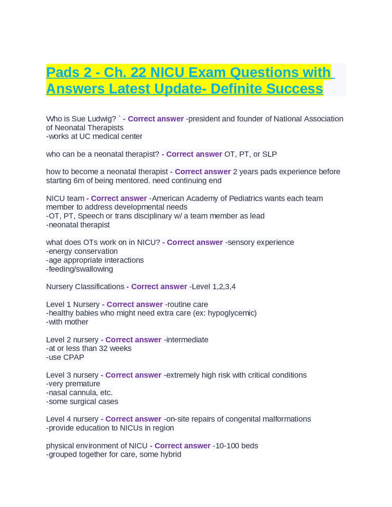 Pads 2 - Ch. 22 NICU Exam Questions with Answers Latest Update ...