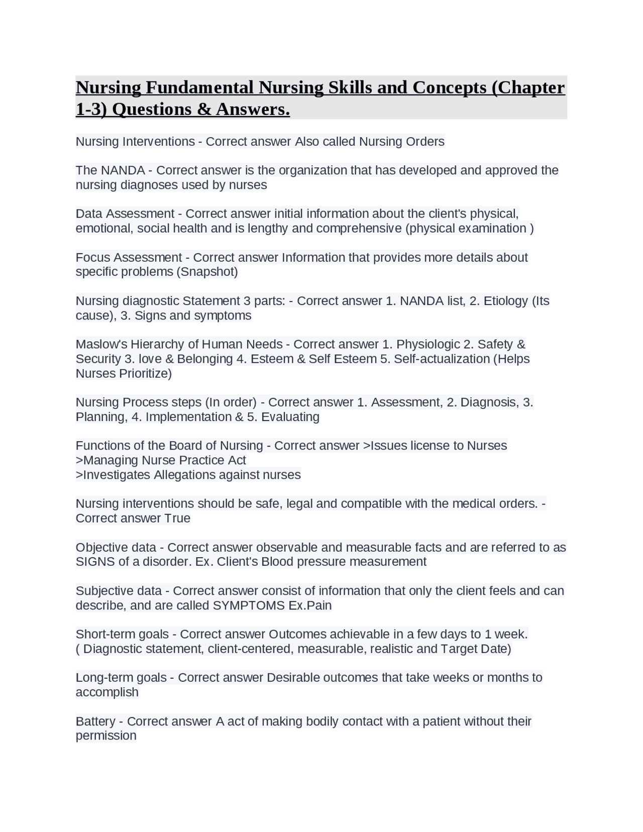 Nursing Fundamental Nursing Skills And Concepts Chapter 1 3 Questions And Answers Exams