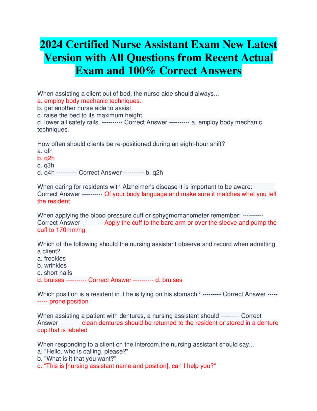 2024 Certified Nurse Assistant Exam New Latest Version with All ...