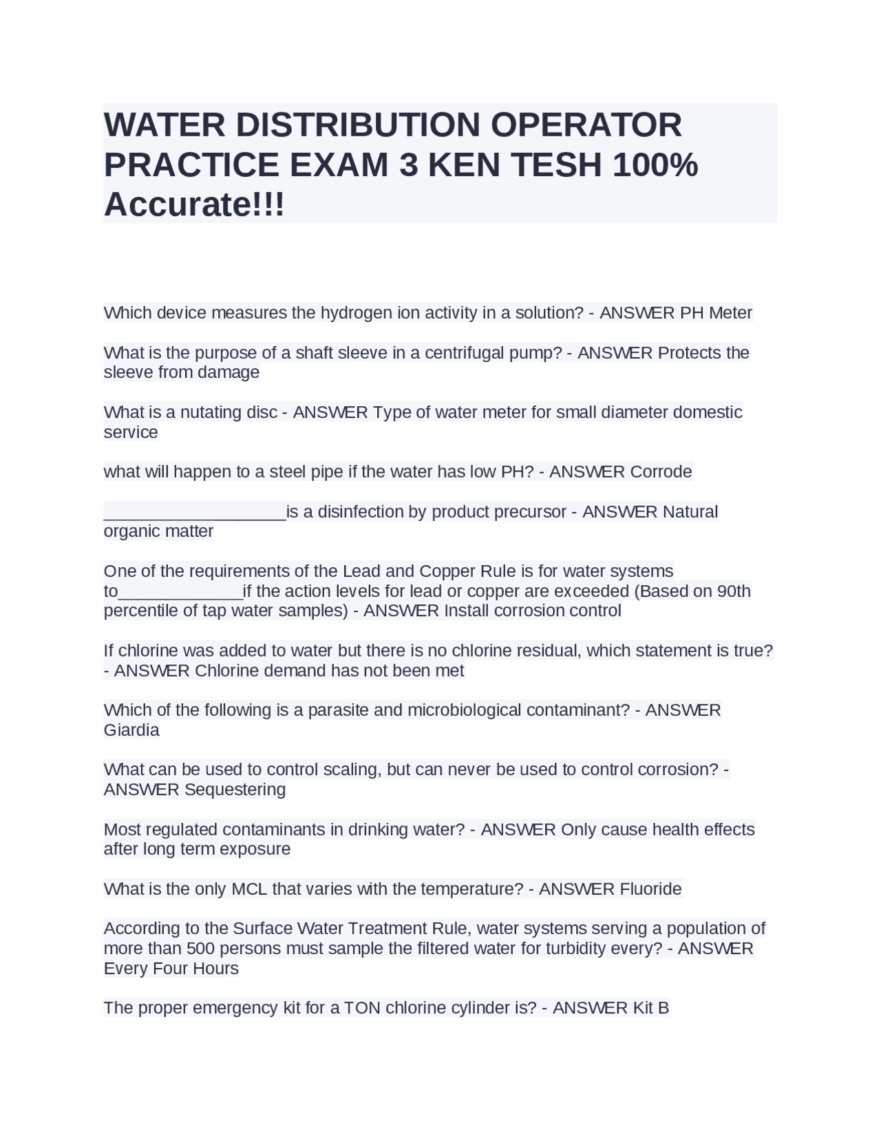 WATER DISTRIBUTION OPERATOR PRACTICE EXAM 3 KEN TESH 100% Accurate ...