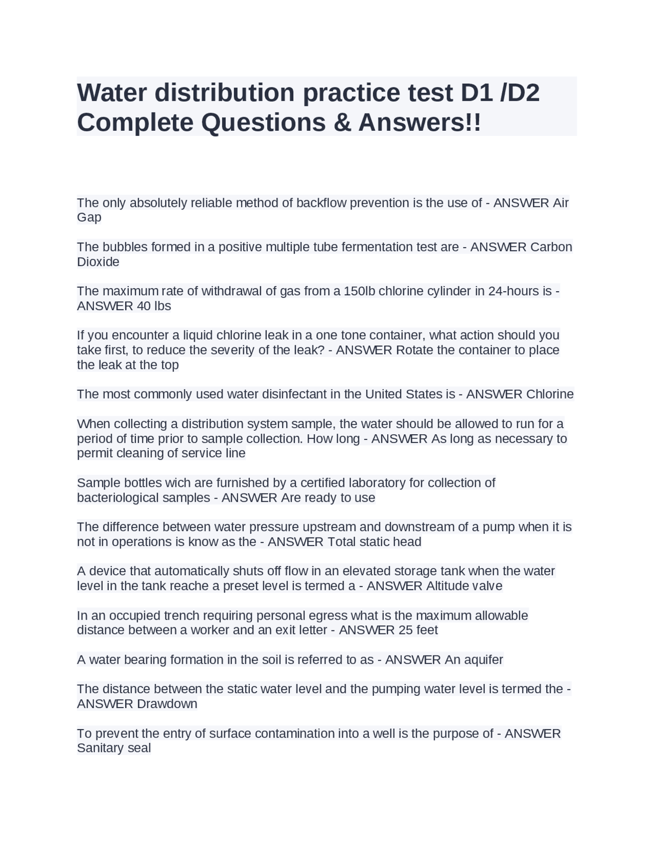Water distribution practice test D1 /D2 Complete Questions & Answers ...