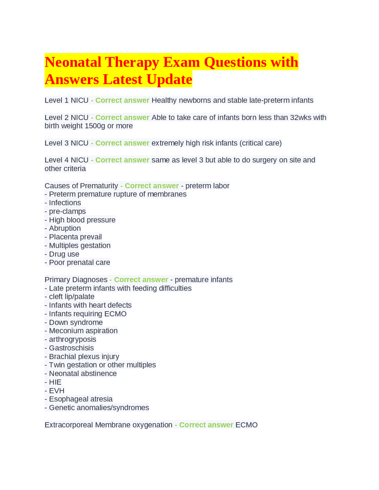 Neonatal Therapy Exam Questions with Answers Latest Update | Exams ...