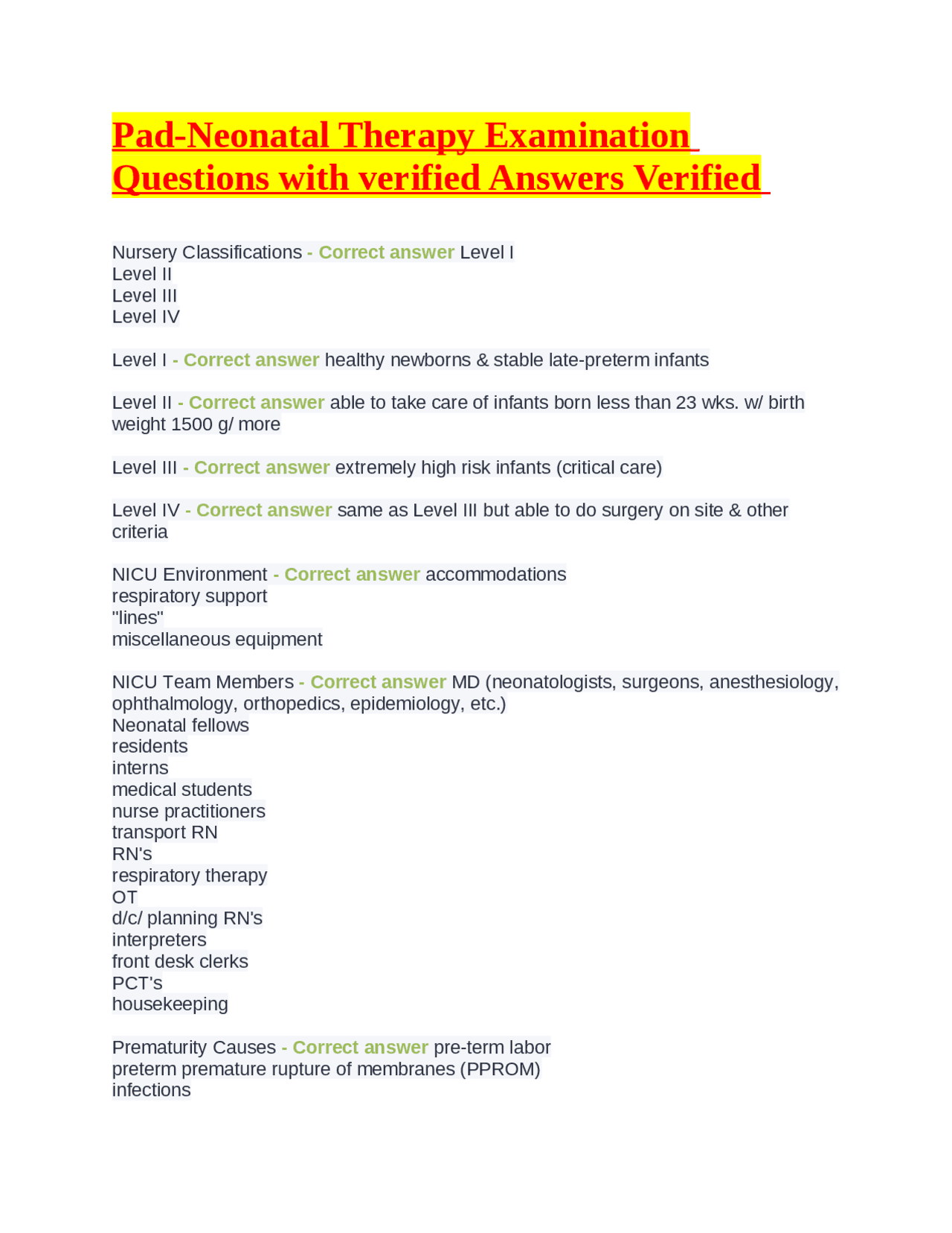 Pad-Neonatal Therapy Examination Questions with verified Answers ...