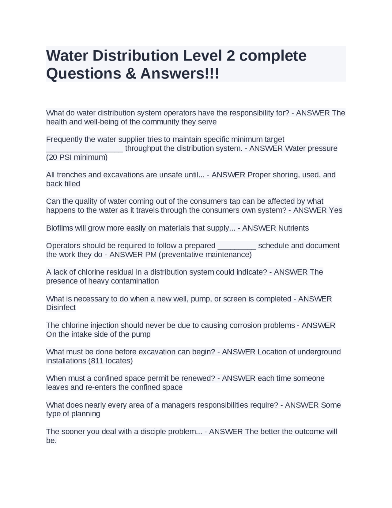 Water Distribution Level 2 complete Questions & Answers!!! | Exams ...