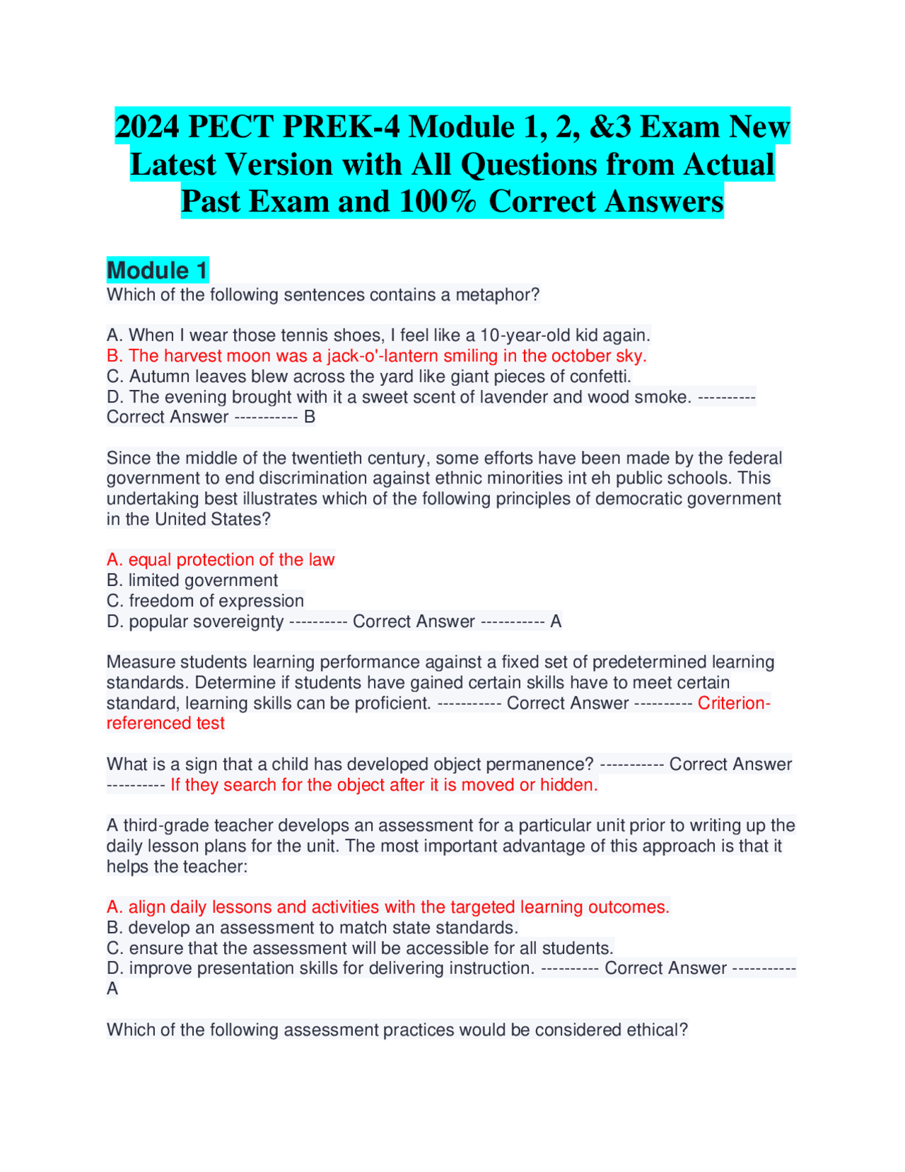 2024 PECT PREK-4 Module 1, 2, &3 Exam New Latest Version with All ...