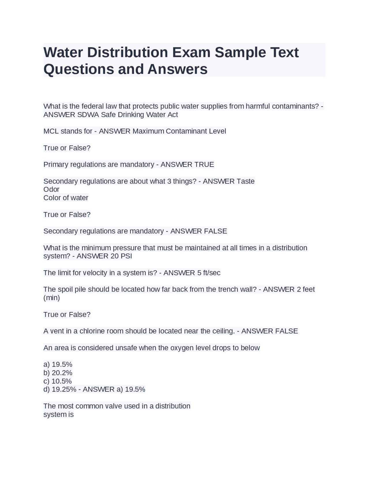 Water Distribution Exam Sample Text Questions and Answers | Exams ...
