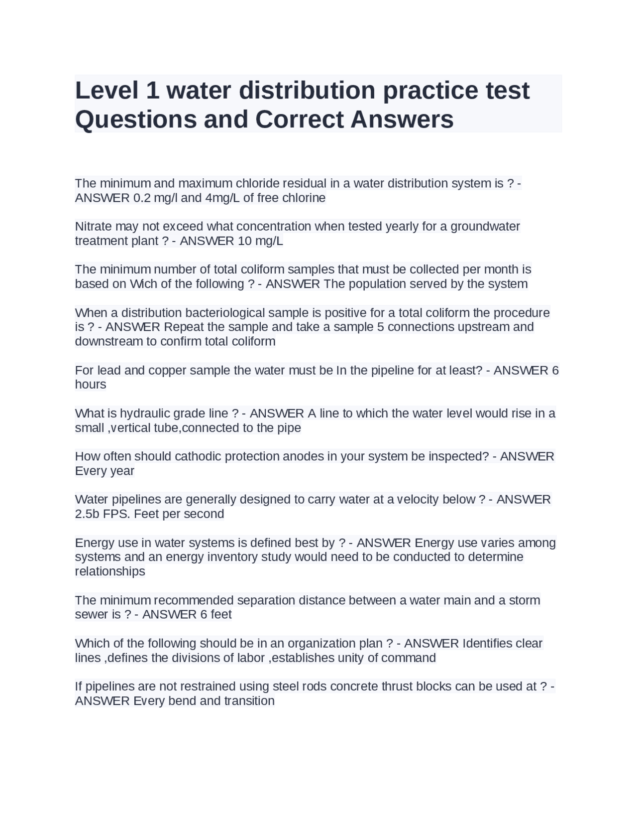 Level 1 water distribution practice test Questions and Correct Answers ...
