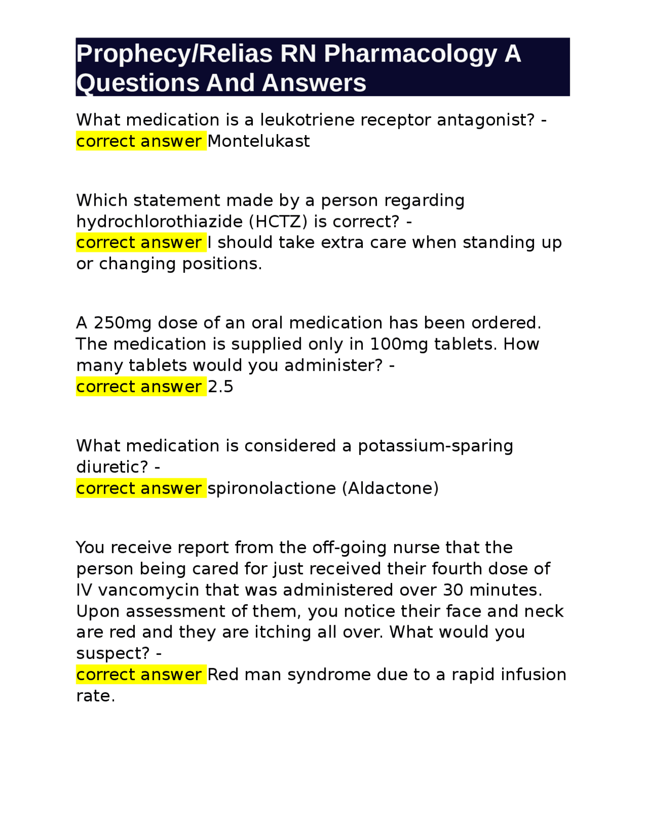 Prophecy/Relias RN Pharmacology A: Medication Questions and Answers ...
