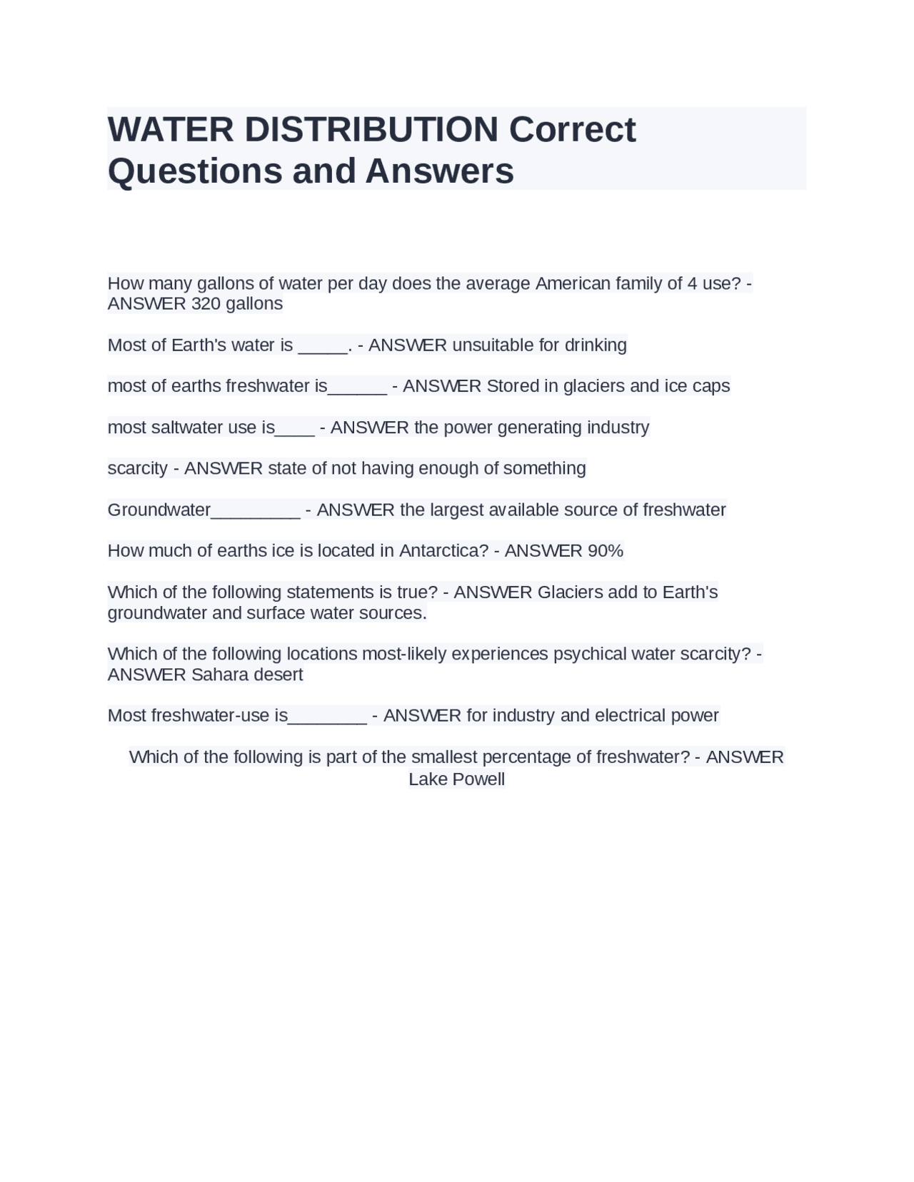 WATER DISTRIBUTION Correct Questions and Answers | Exams Agricultural ...