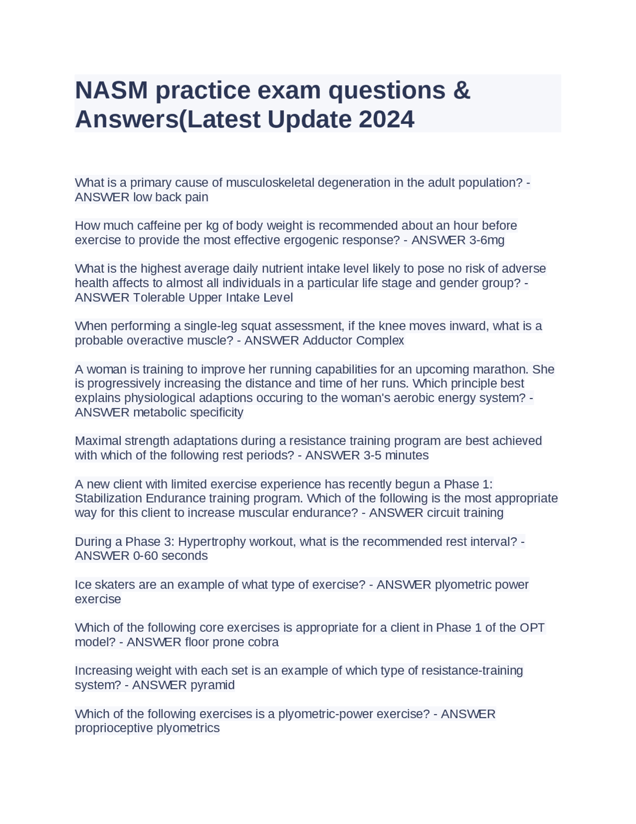 NASM practice exam questions & Answers(Latest Update 2024 | Exams ...