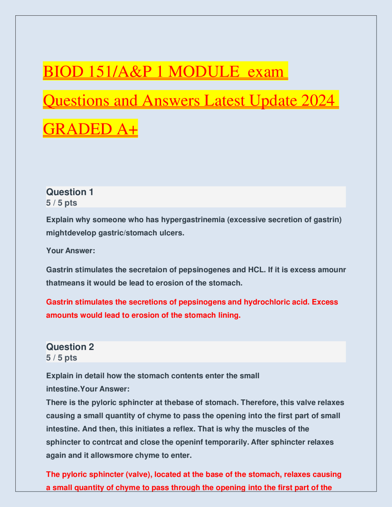 Digestive System: Exam Questions and Answers | Exams Nursing | Docsity