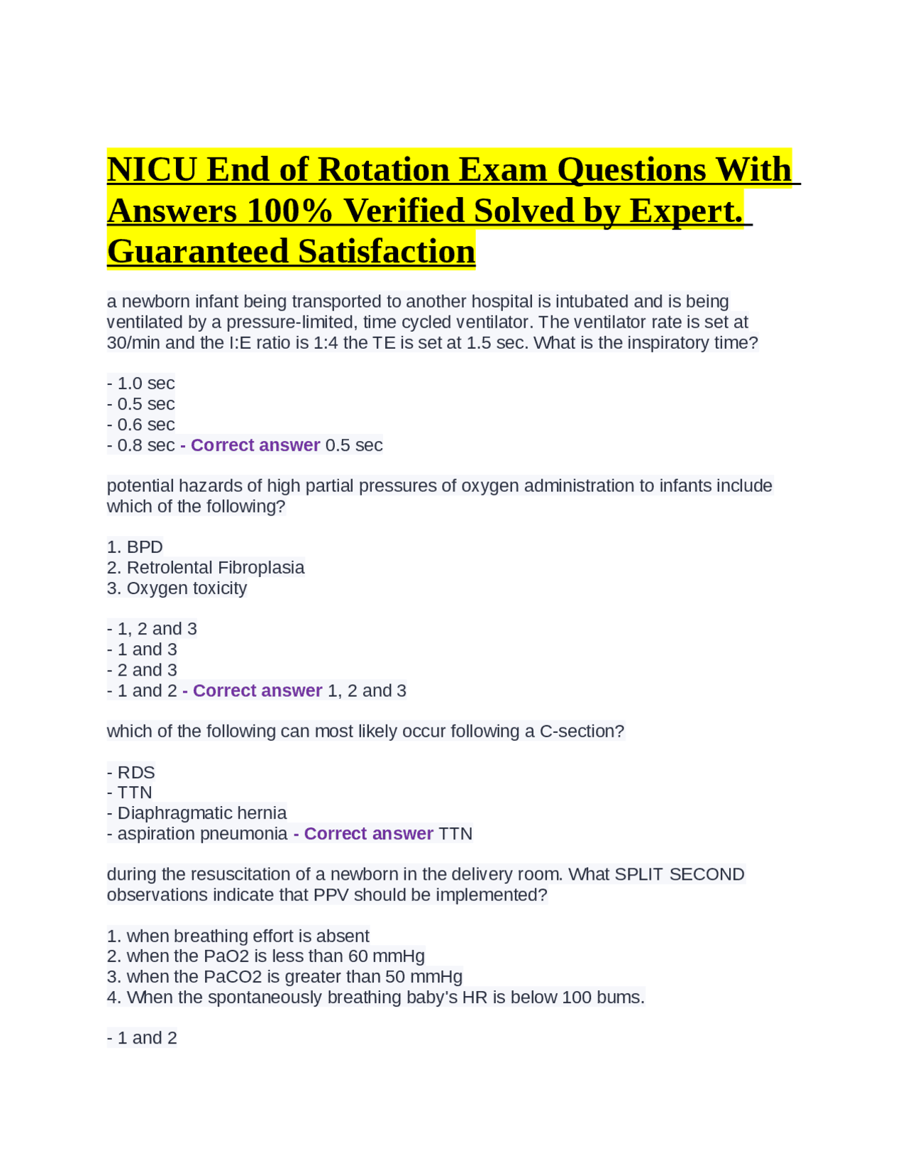 NICU End of Rotation Exam Questions With Answers 100% Verified Solved ...