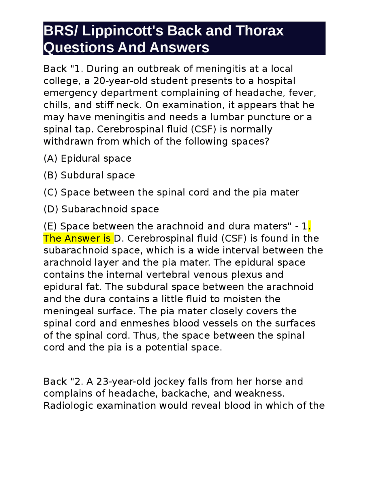 BRS/ Lippincott's Back and Thorax Questions And Answers | Exams ...