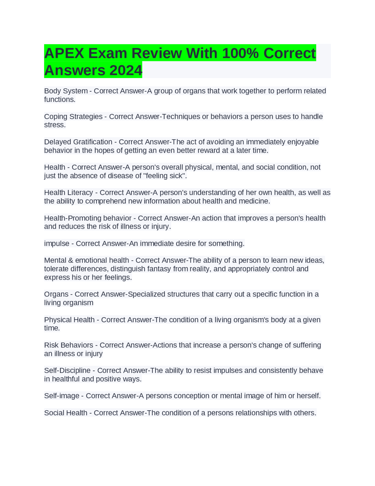 APEX Exam Review: Body System, Health, Stress, and Behavior Concepts ...