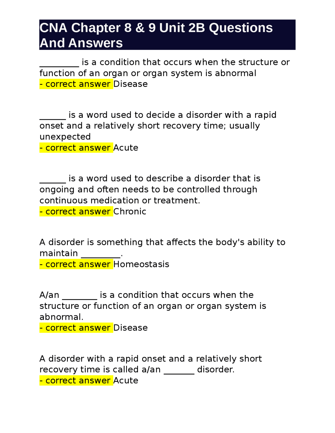 CNA Chapter 8 & 9 Unit 2B Questions And Answers | Exams Medicine | Docsity