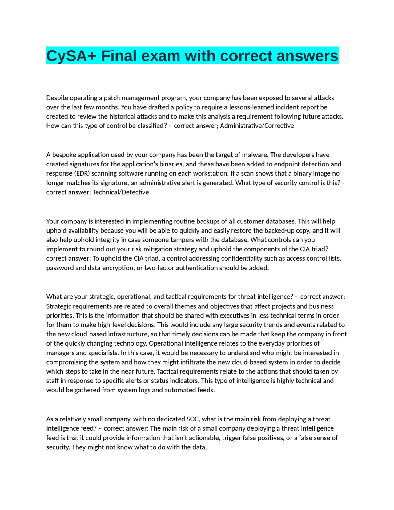 CySA+ Exam Questions and Answers | Exams Cybercrime, Cybersecurity and ...