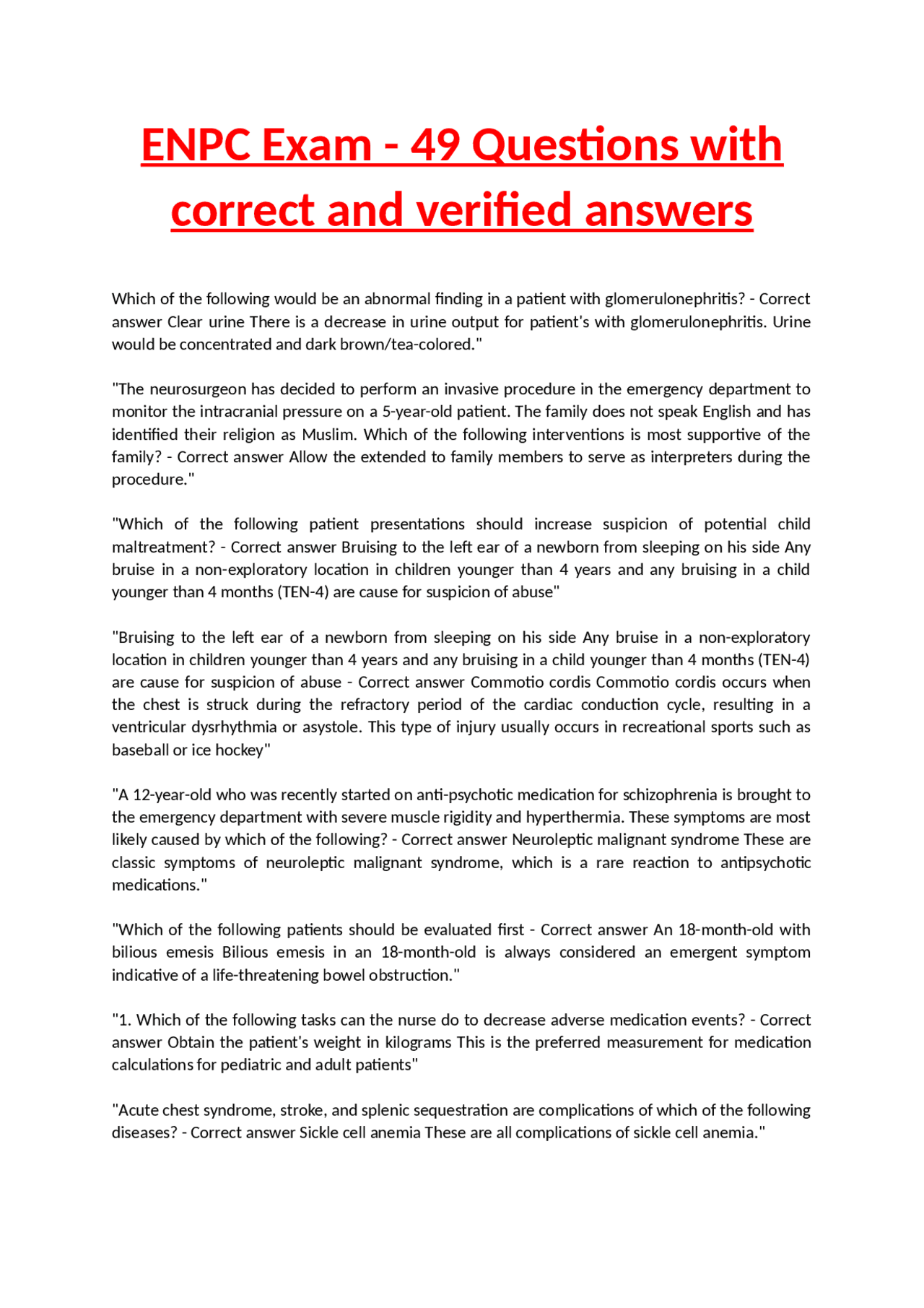 ENPC Exam - 49 Questions with correct and verified answers | Exams ...