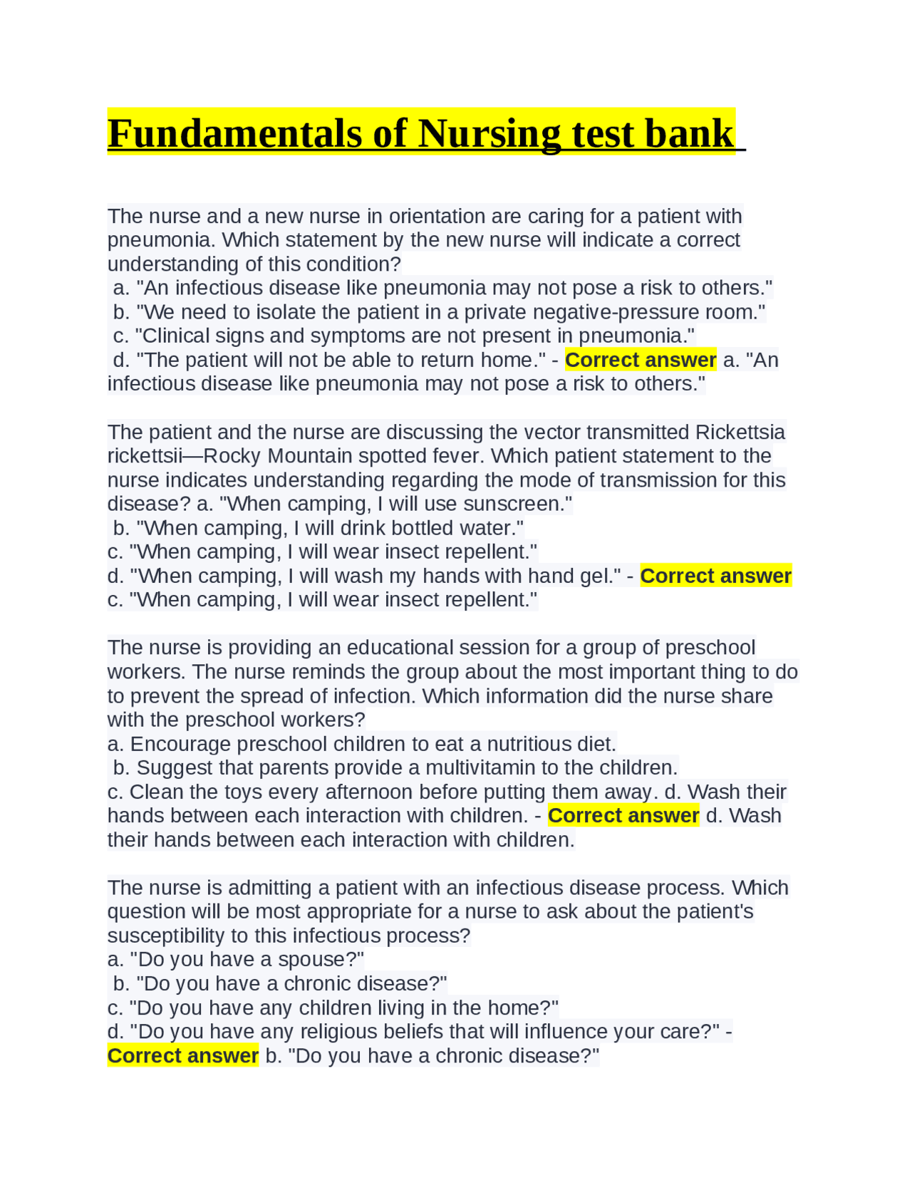 Fundamentals of Nursing test bank | Exams Nursing | Docsity