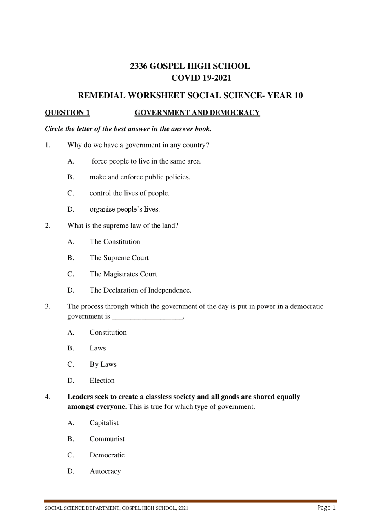 Remedial Worksheet: Government and Democracy - Year 10 Social Science ...