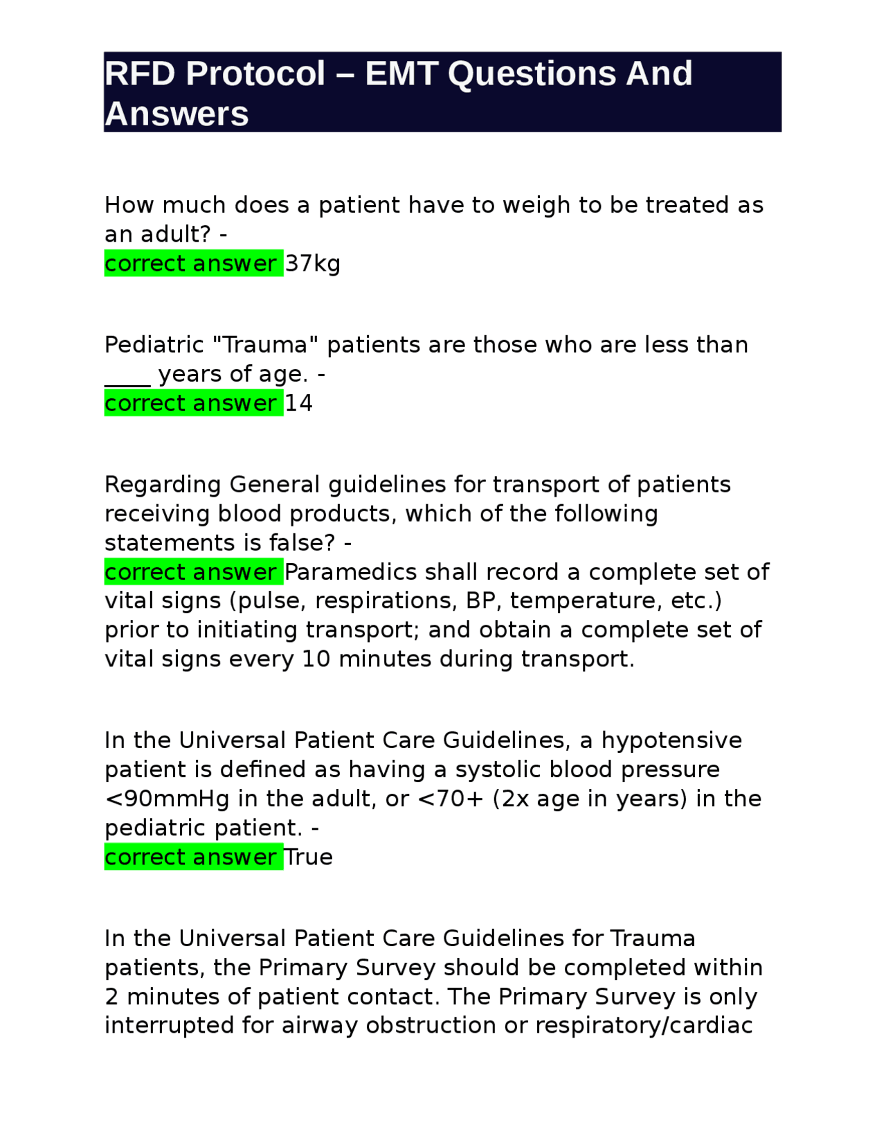 RFD Protocol: EMT Questions and Answers - Patient Transport and Care ...