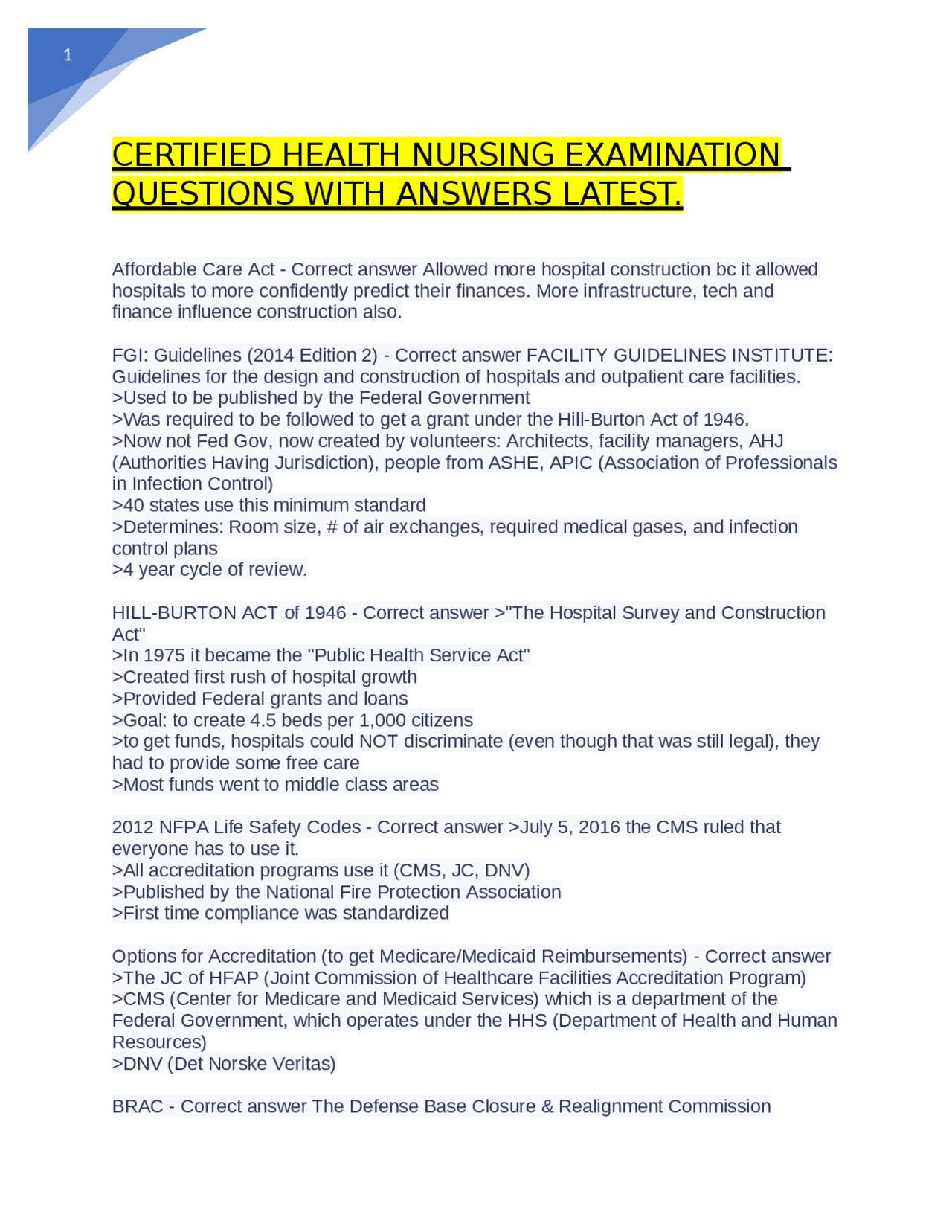 CERTIFIED HEALTH NURSING EXAMINATION QUESTIONS WITH ANSWERS LATEST ...