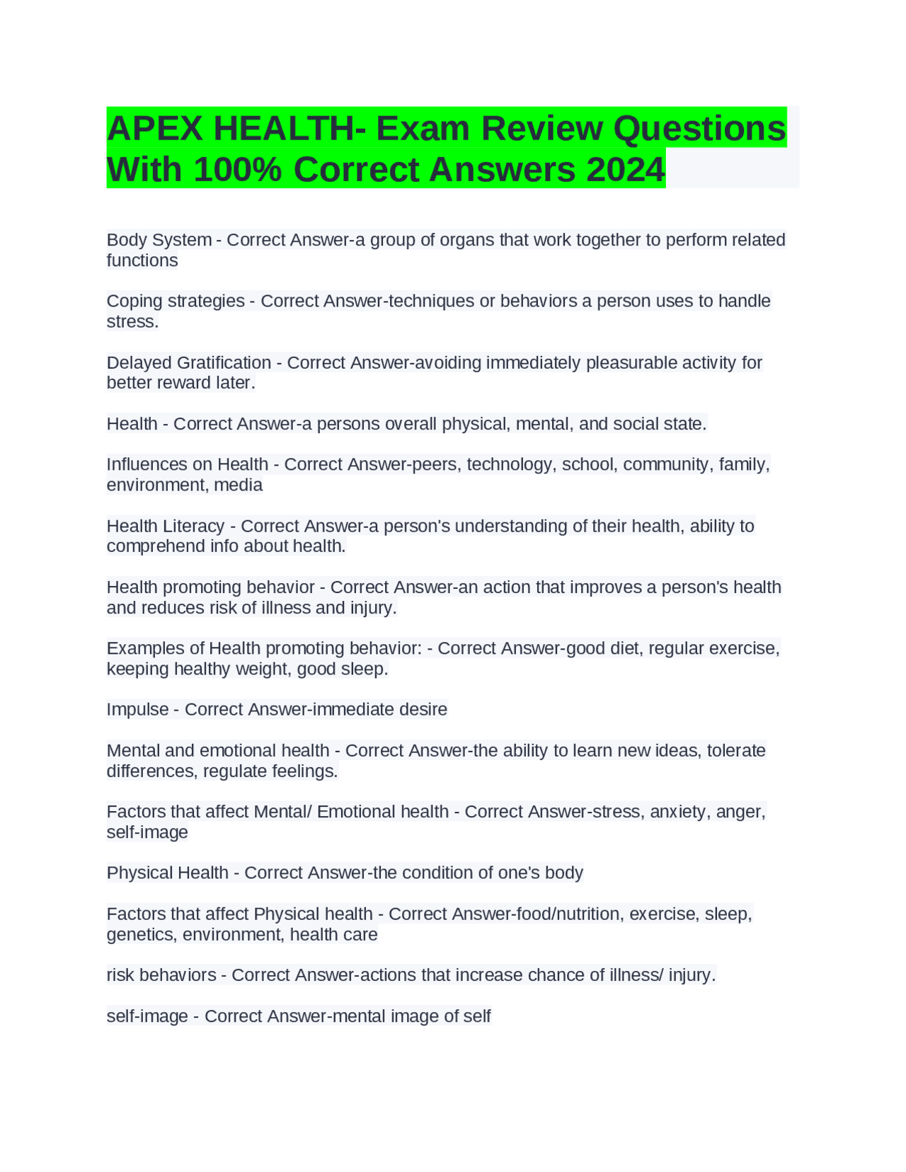 APEX HEALTH- Exam Review Questions With 100% Correct Answers 2024 ...