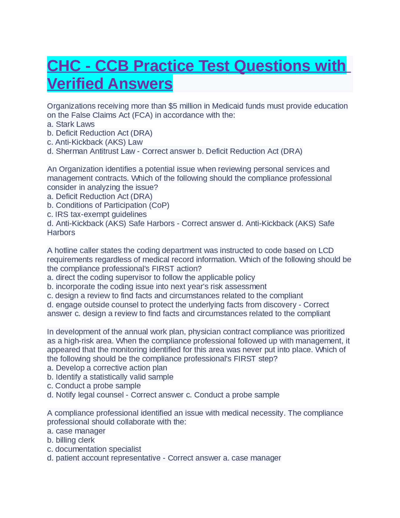 CHC - CCB Practice Test Questions with Verified Answers | Exams Nursing ...