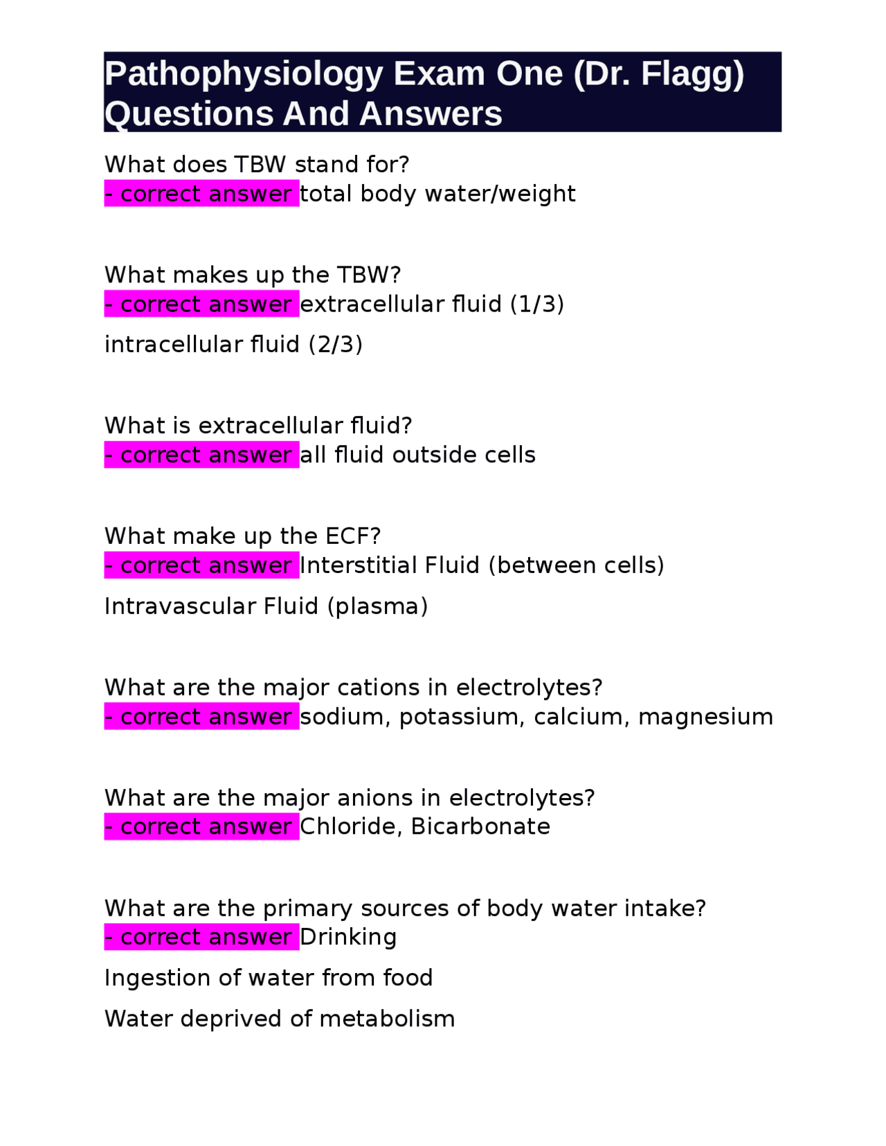 Pathophysiology Exam One: Fluid and Electrolyte Balance | Exams ...