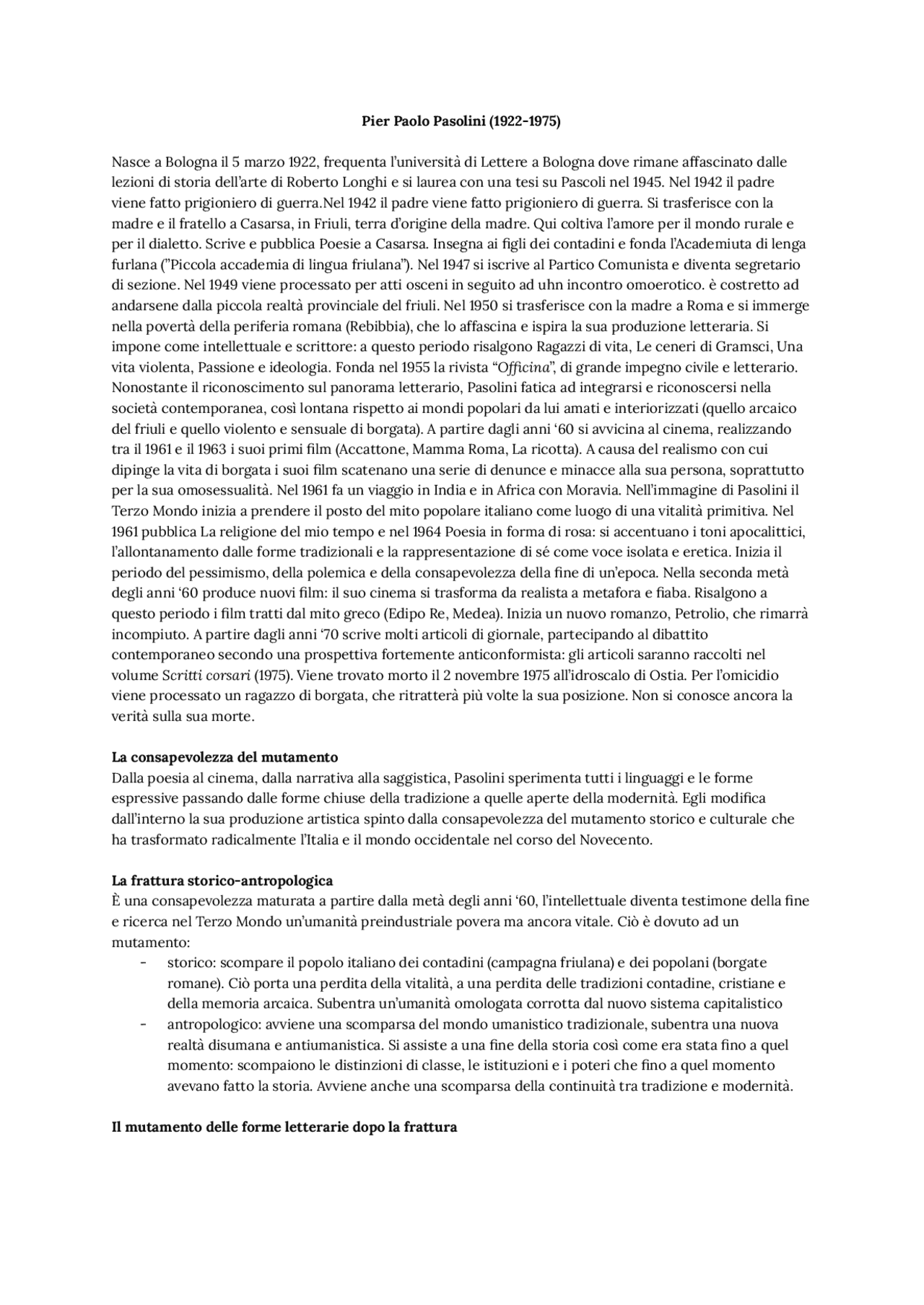 Pier Paolo Pasolini (1922-1975) - Vita e opere | Appunti di Italiano | Docsity