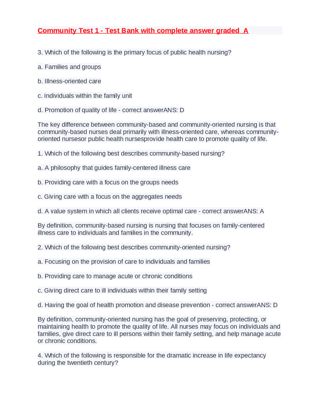 Community Test 1 - Test Bank with complete answer graded A | Exams ...