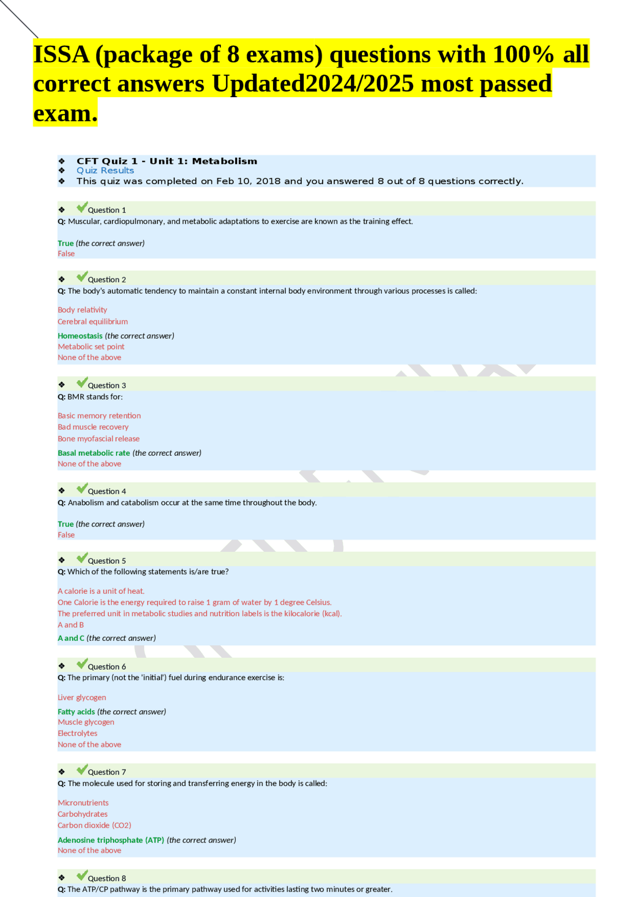 Bundle Of 8 ISSA EXAMS(Answers) questions with 100% all correct answers ...